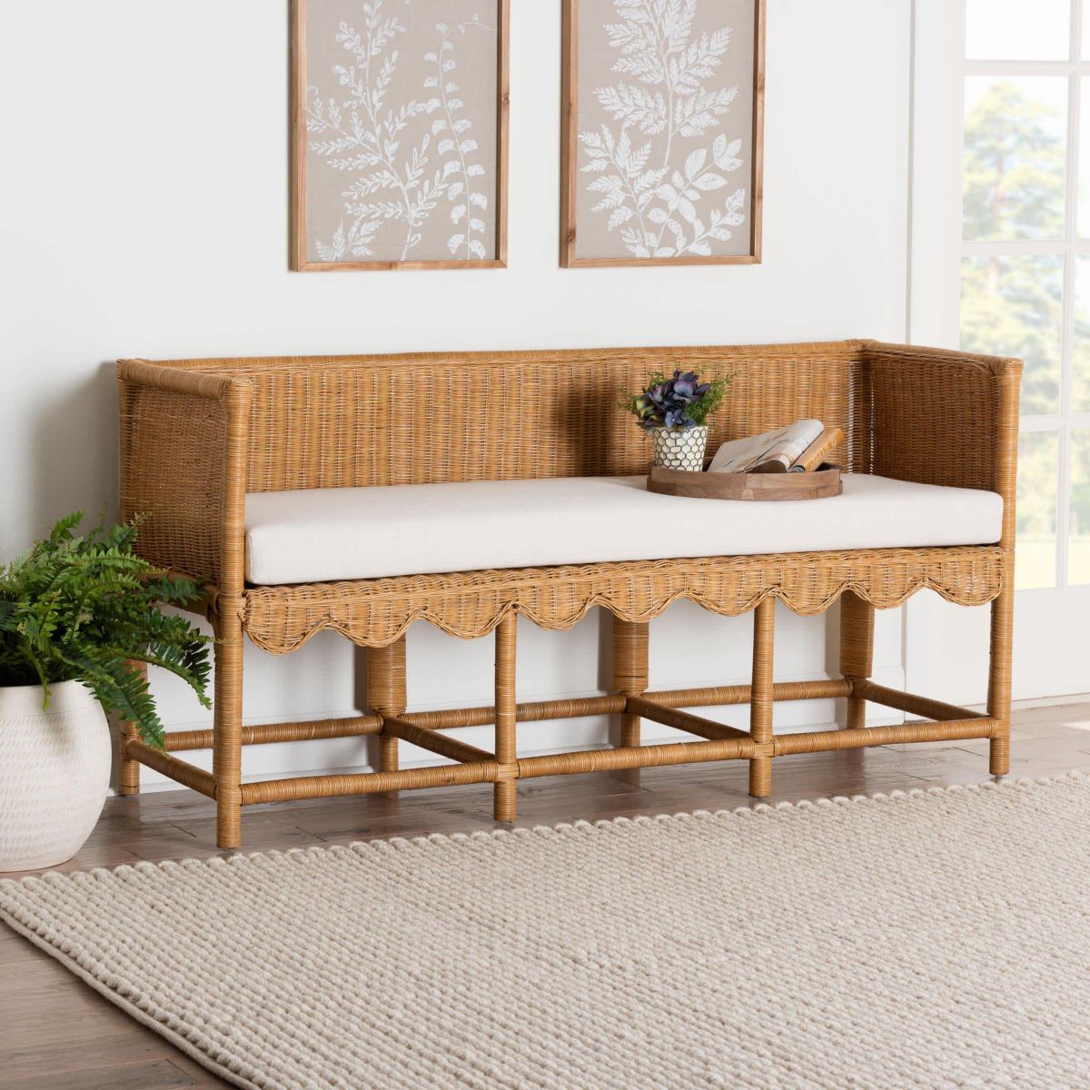 bali & pari Seranay Scallop Light Honey Rattan Accent Bench | Belk