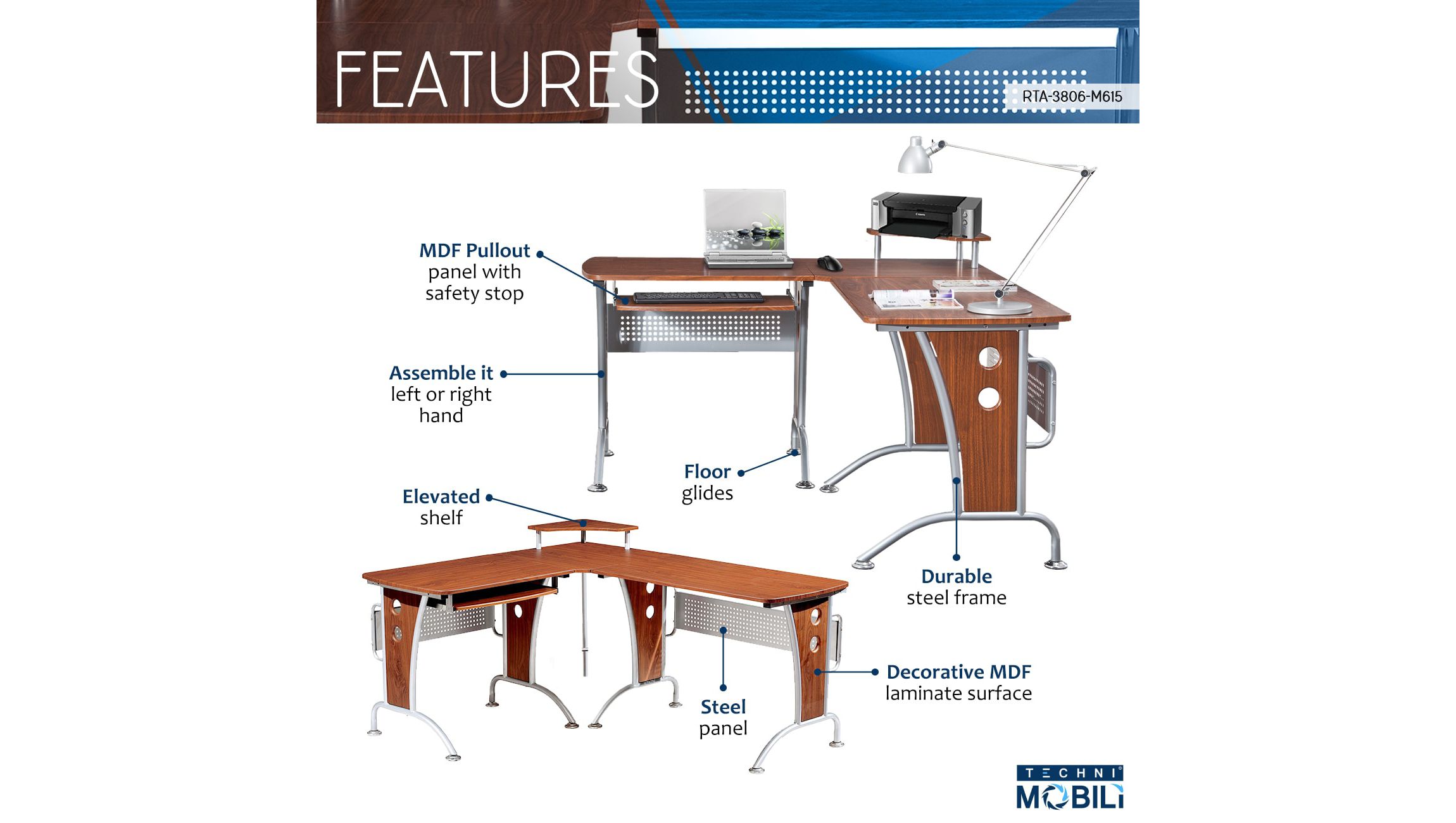 Techni Mobili Techni Mobili Deluxe L-Shaped Computer Desk With Pull Out ...