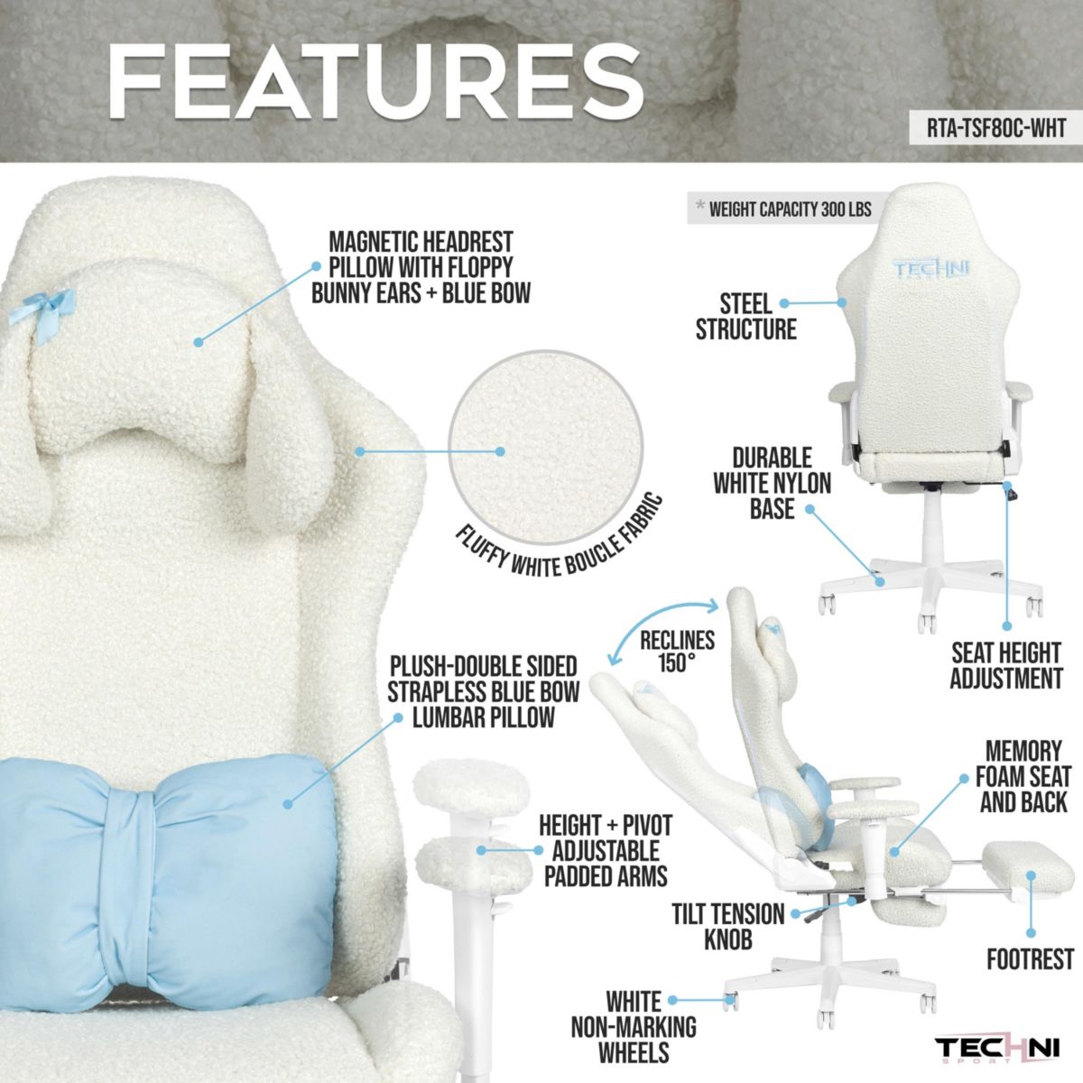 Techni Sport Techni Sport White Bunny Gaming Chair with Footrest | Belk