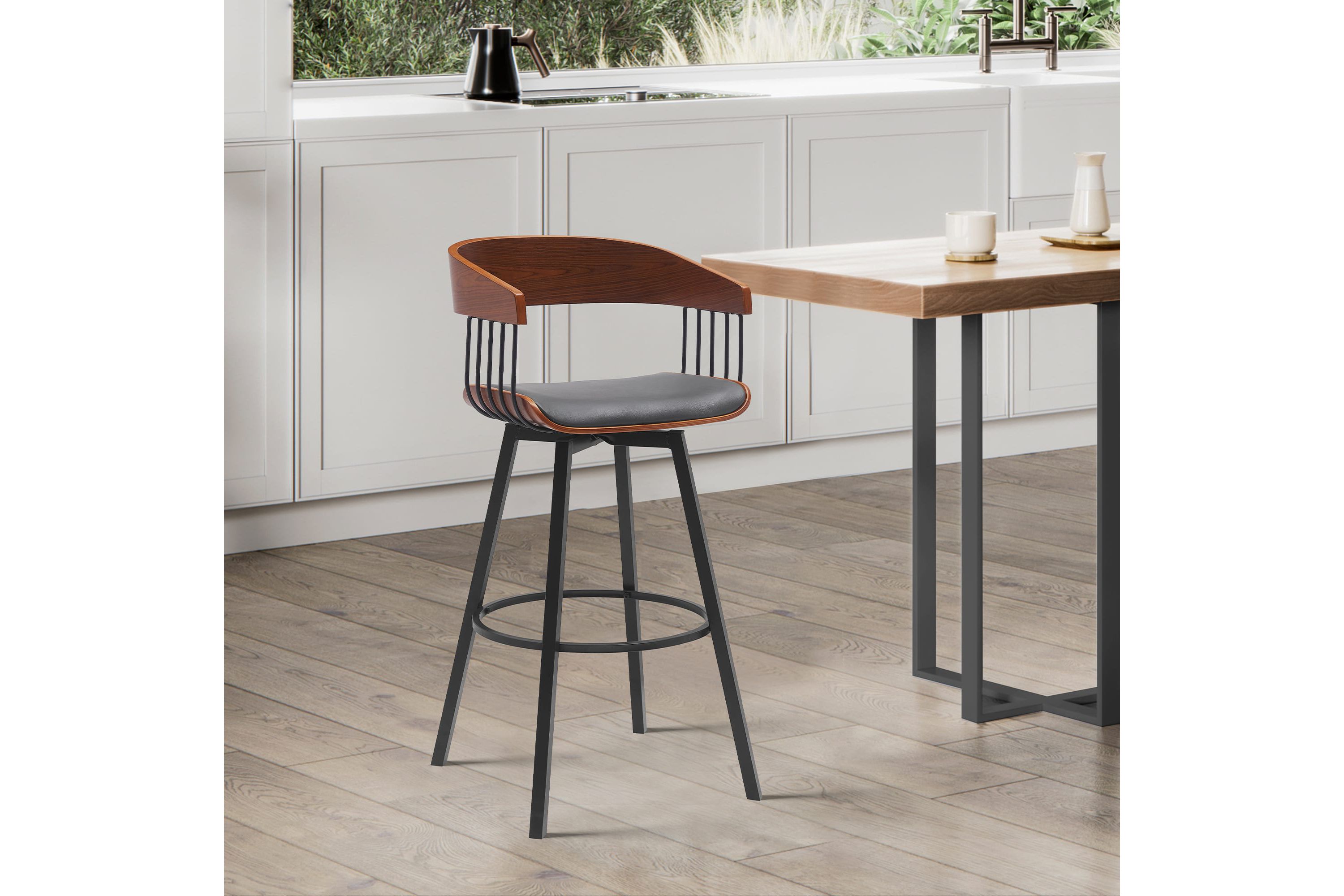 Armen Living Athena 27" Swivel Walnut Wood Counter Stool in Gray Faux ...