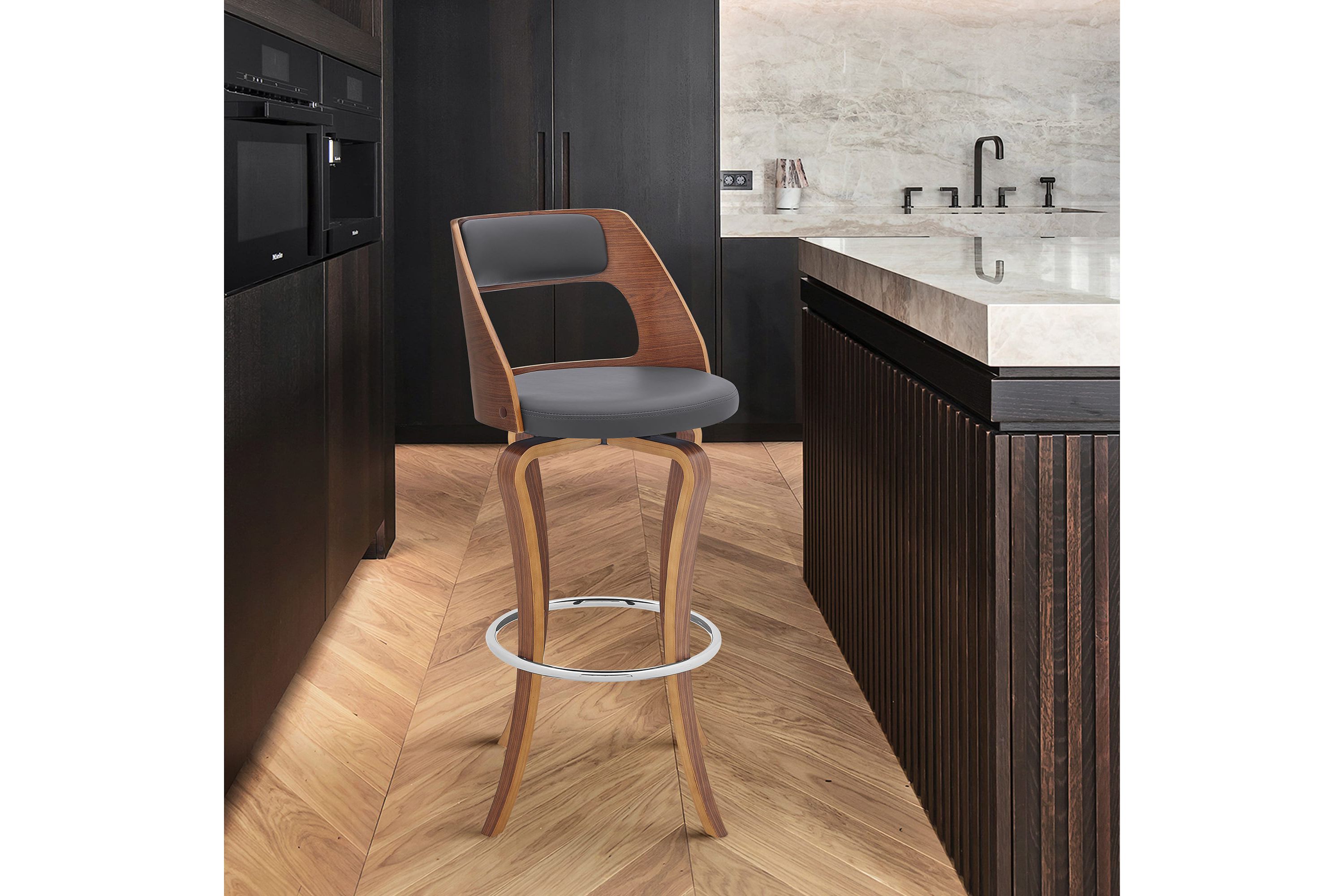 Armen Living Grady 29" Swivel Gray Faux Leather and Walnut Wood Bar ...