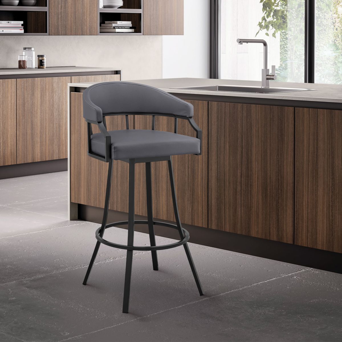 Armen Living Valerie 30" Swivel Slate Gray Faux Leather and Black Metal ...